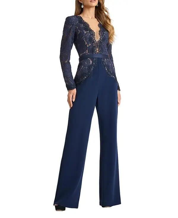 Tadashi Shoji Amaris Plunging Illusion Lace Jumpsuit - Navy/nude