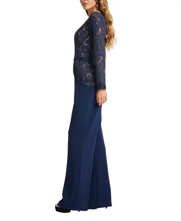 Tadashi Shoji Amaris Plunging Illusion Lace Jumpsuit - Navy/nude