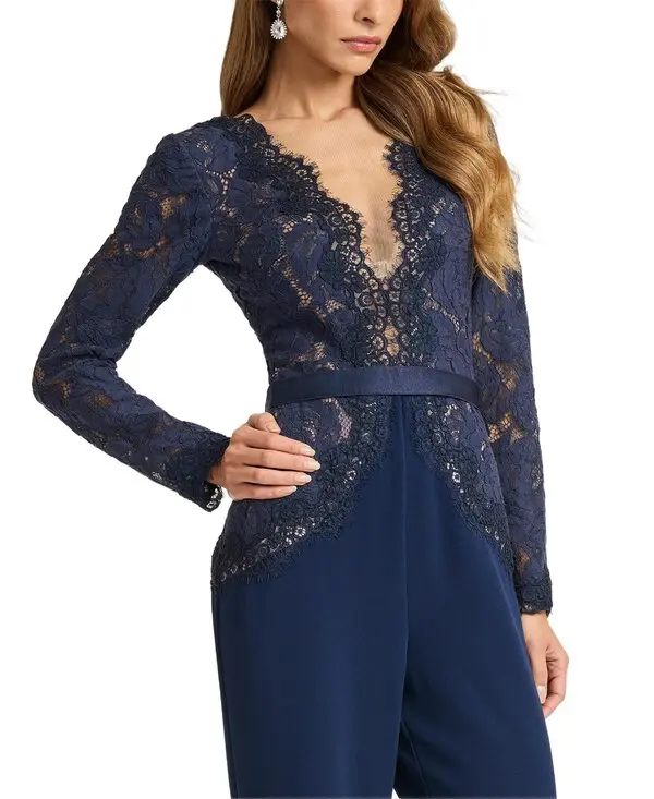 Tadashi Shoji Amaris Plunging Illusion Lace Jumpsuit - Navy/nude
