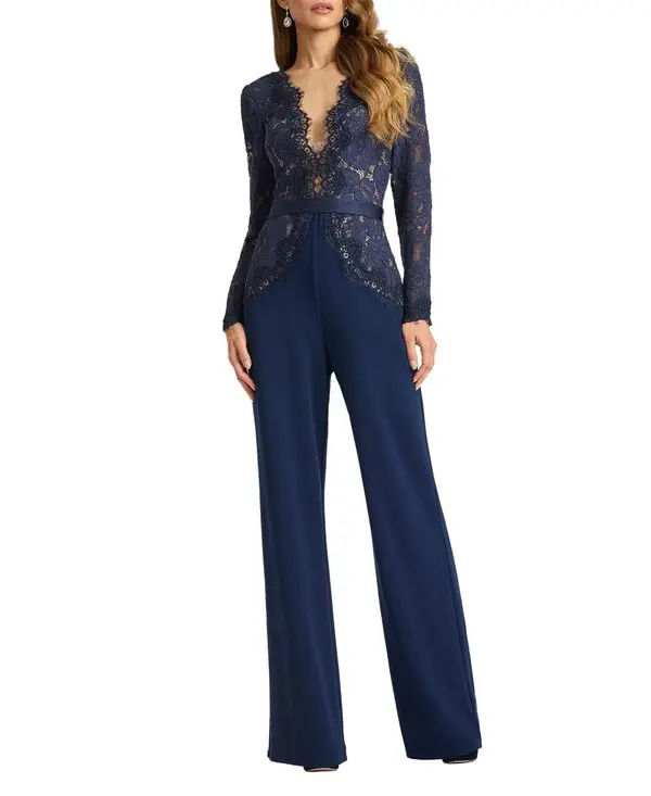 Tadashi Shoji Amaris Plunging Illusion Lace Jumpsuit - Navy/nude