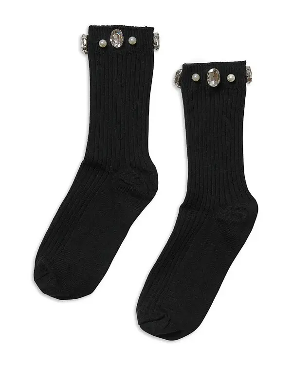 STEMS Crystal Embellished Ribbed Crew Socks - Black