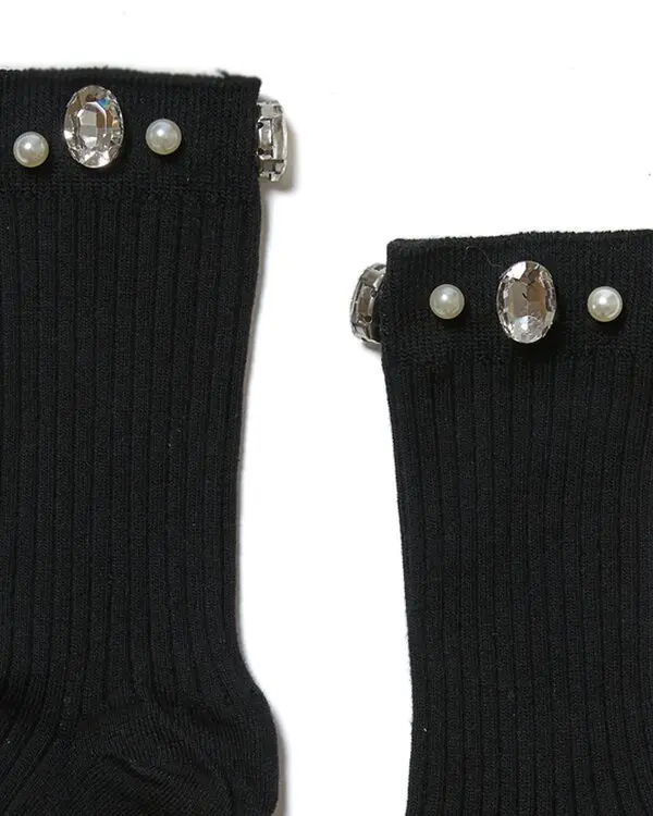 STEMS Crystal Embellished Ribbed Crew Socks - Black