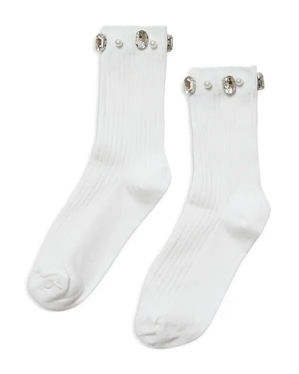 STEMS Crystal Embellished Ribbed Crew Socks - Cream