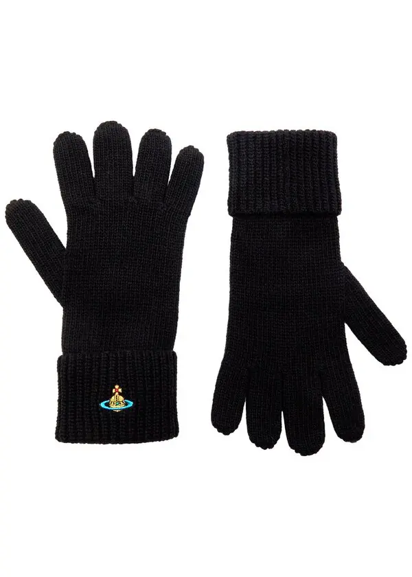 VIVIENNE WESTWOOD Logo-embroidered Wool Gloves - Black