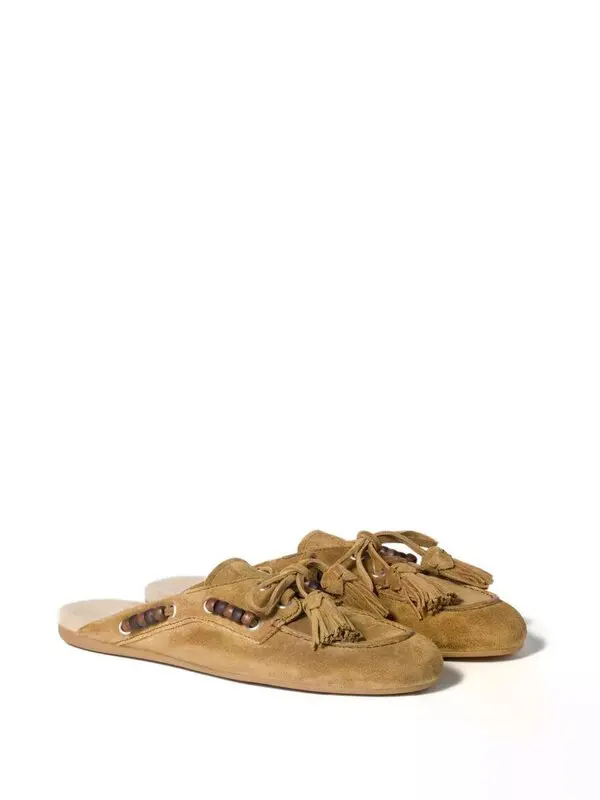 Miu Miu Suede Beaded Tassel Mules - Brown