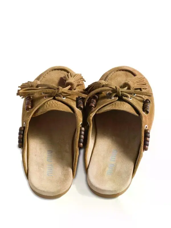 Miu Miu Suede Beaded Tassel Mules - Brown