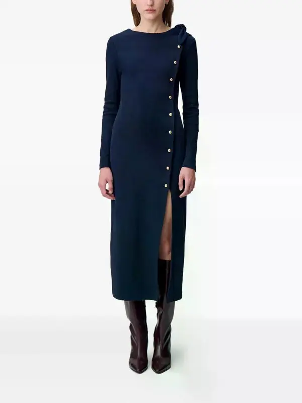 claudie pierlot blue dress Claudie Pierlot Tie-Neck Button-Detail Dress In Blue - 41% Off