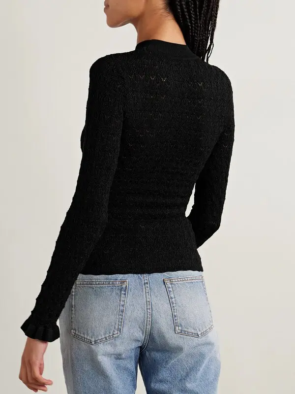 Sea Ruby Ruffled Metallic Pointelle-knit Top