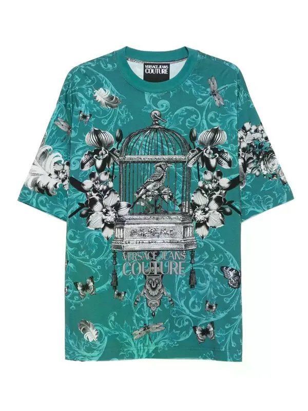 Versace Birdcage-floral Print T-shirt - Blue
