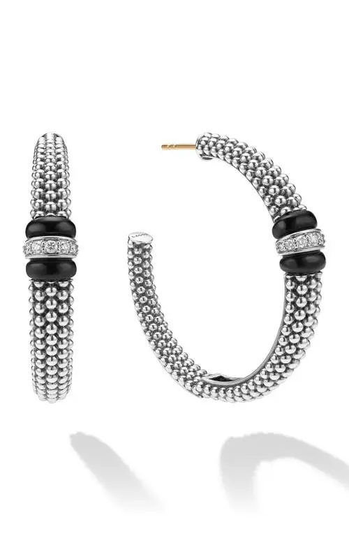 Lagos Caviar Ceramic Diamond Hoop Earrings - Sterling Silver