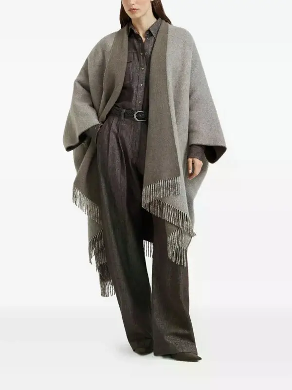 Brunello Cucinelli Herringbone-pattern Fringed Poncho - Brown