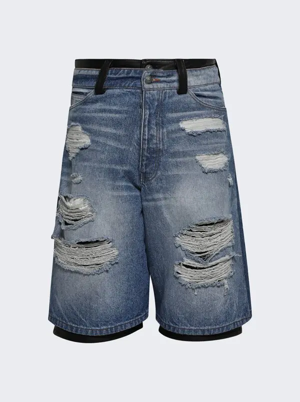 EARTHLING VIP Stacked Denim And Leather Shorts - Blue