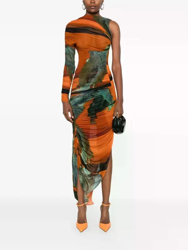 MUGLER Archive-print Asymmetrical Mesh Dress