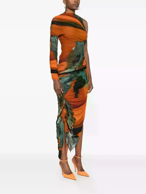 MUGLER Archive-print Asymmetrical Mesh Dress