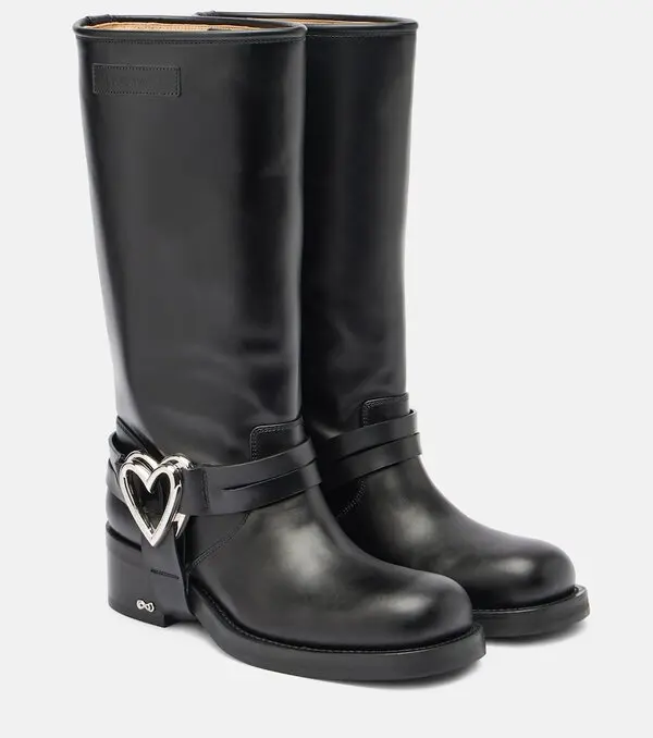Mach & Mach Double Heart Leather Biker Boots - Black