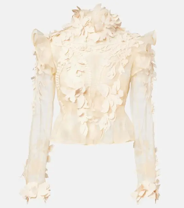Zimmermann Hypnotic Floral-appliqué Silk Blouse - Beige