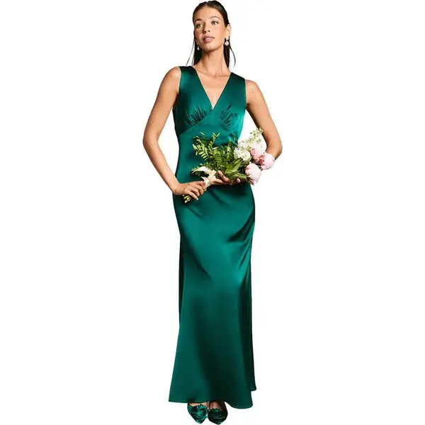 Coast Satin V-neck Maxi Dress With Bow Back Detail - Emerald