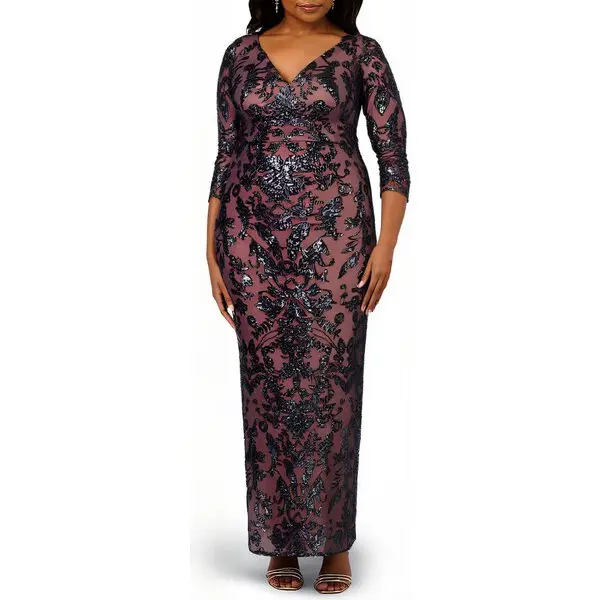 Adrianna Papell Beaded Back Slit Gown - Navy/Rosegold | Editorialist