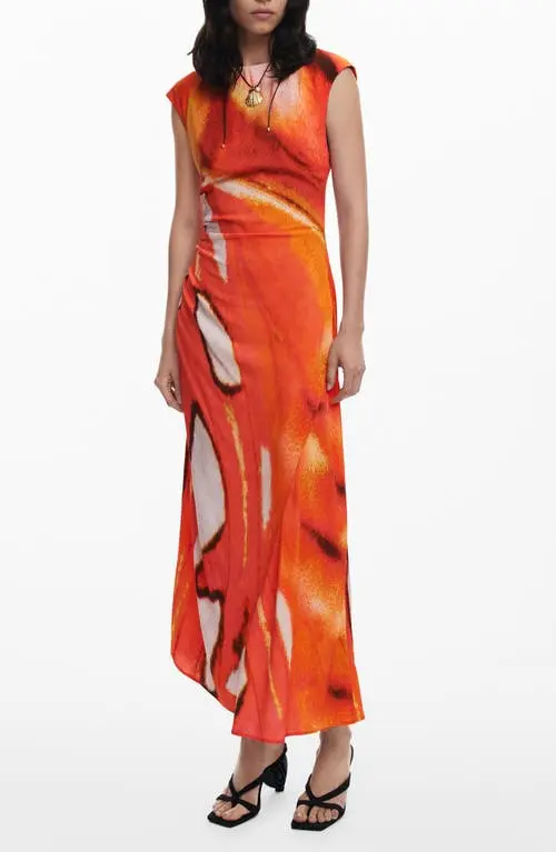 Desigual Cap Sleeve Ruched Maxi Dress - Orange