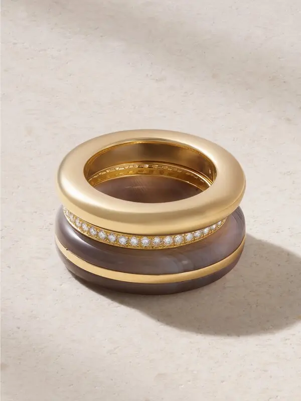 BY PARIAH Set Of Three 14-karat Recycled Agate, And Diamond Rings - Gold