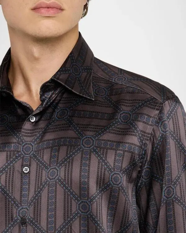 Stefano Ricci Apos;s Geometric Stripe Silk-elastane Sport Shirt - Brown