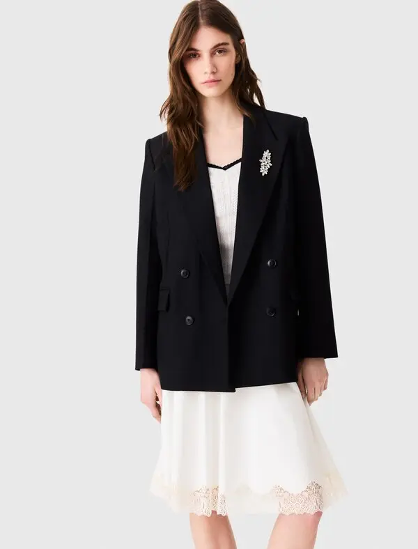 Maje Double-breasted Polyester Jacket With Removable Brooch