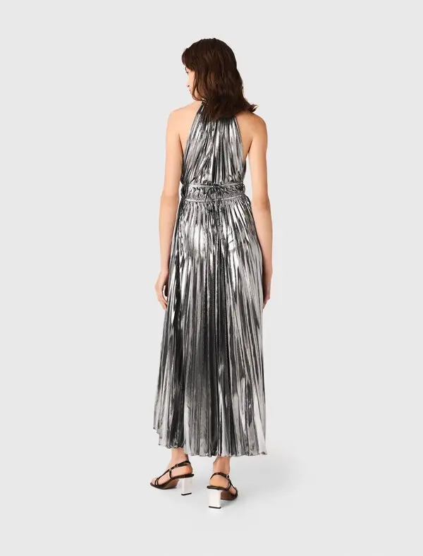 Maje Pleated Halter-Neck Woven Maxi Dress In Silver - 50% Off | Editorialist