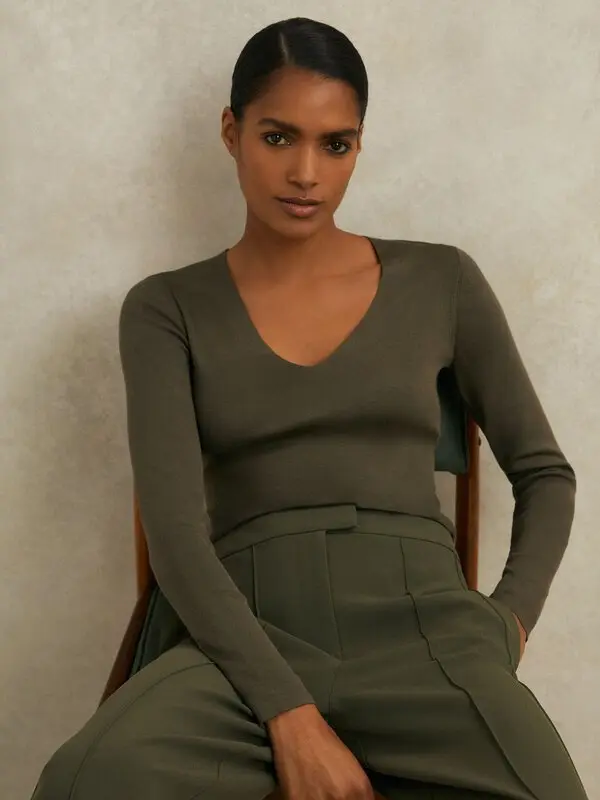 REISS Maeve Atelier Knitted Silk-blend Top - Khaki