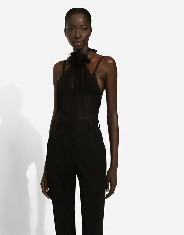 Dolce & Gabbana Silk Chiffon Halterneck Top With Flower - Black