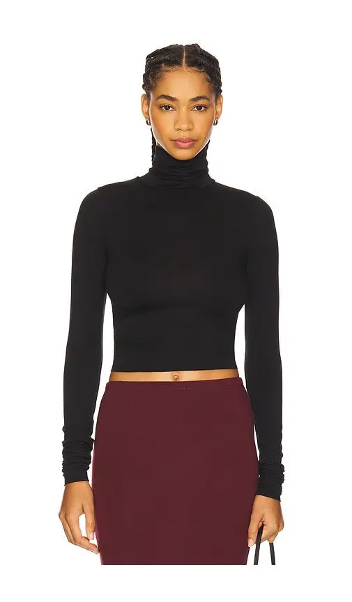 Eterne Cropped Fitted Turtleneck Soft Jersey Top - Black