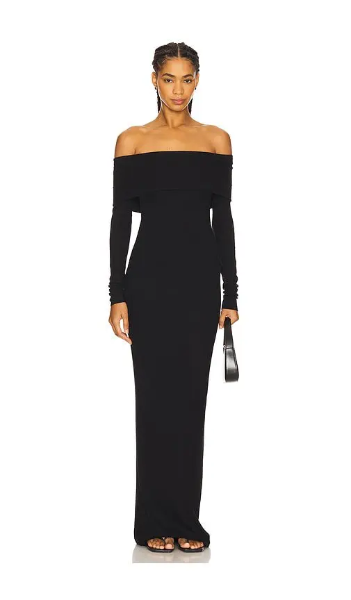 Eterne Long Sleeve Off-shoulder Rib Maxi Dress - Black