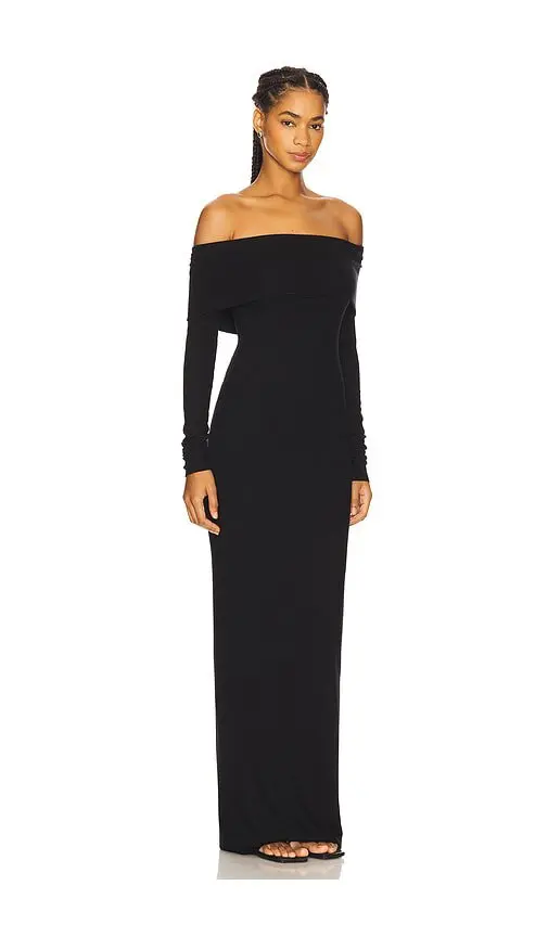 Eterne Long Sleeve Off-shoulder Rib Maxi Dress - Black