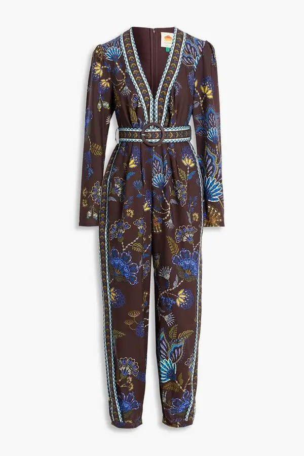 Farm Rio Belted Printed Cotton-canvas Jumpsuit - Chocolate