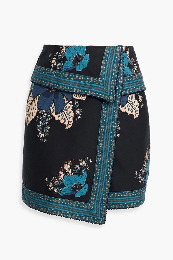 Farm Rio Wrap-effect Floral-print Cotton-twill Mini Skirt - Black