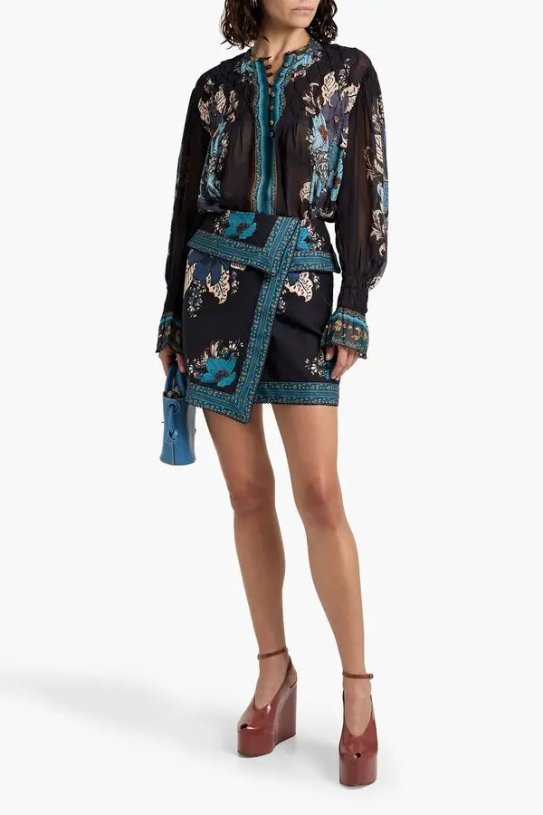 Farm Rio Wrap-effect Floral-print Cotton-twill Mini Skirt - Black