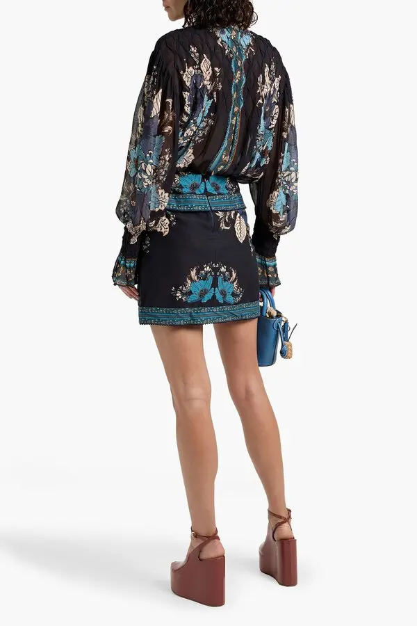 Farm Rio Wrap-effect Floral-print Cotton-twill Mini Skirt - Black