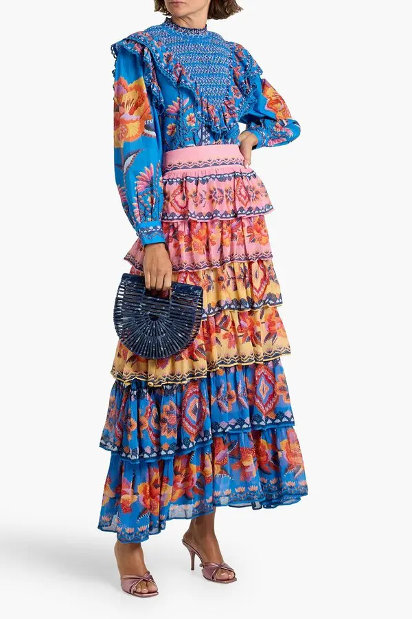 Farm Rio Ruffled Printed Georgette Maxi Skirt