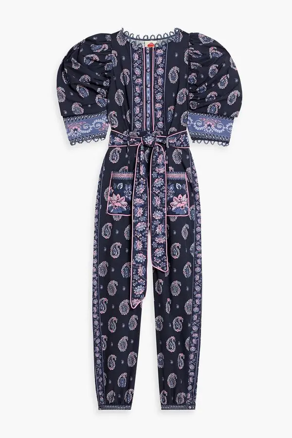 Farm Rio Printed Cotton-poplin Jumpsuit With Crochet Trims - Navy