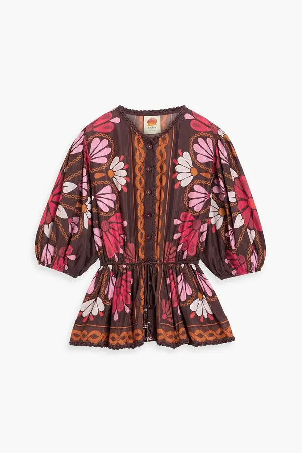Farm Rio Floral-print Cotton-blend Voile Blouse With Crochet Trim - Chocolate