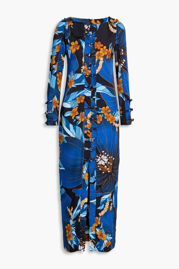 Farm Rio Knotted Floral-print Satin Maxi Dress - Bright Blue