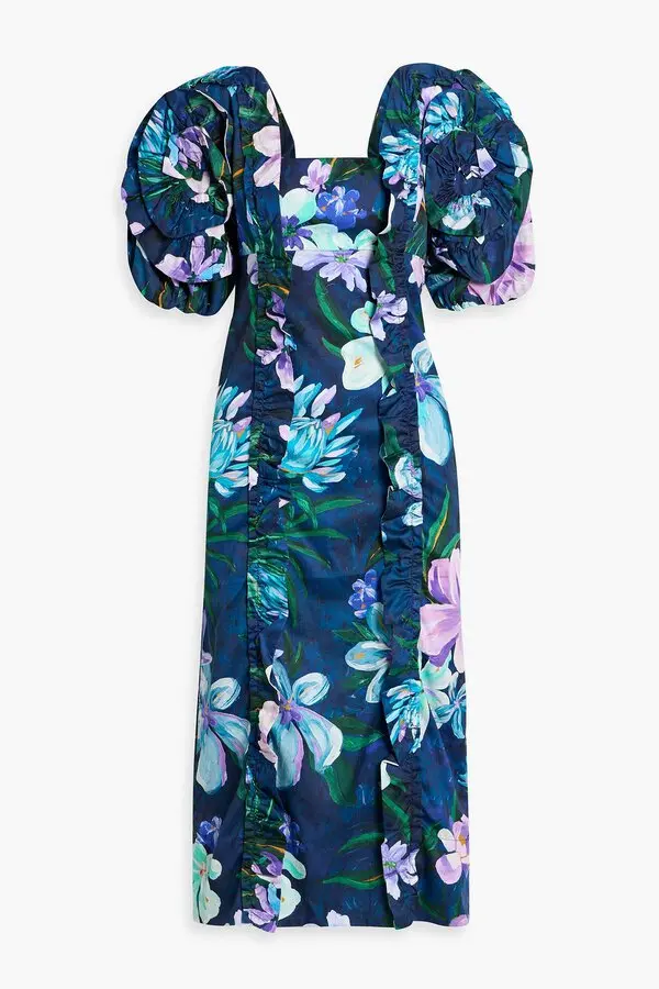 Farm Rio Floral-print Cotton-poplin Midi Dress - Blue