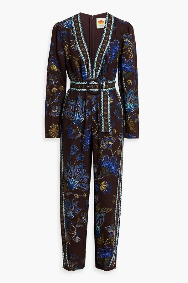 Farm Rio Belted Printed Jumpsuit - Dark Brown