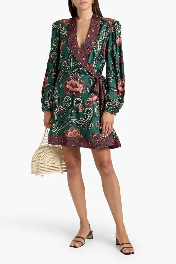 knee length dresses for ladies Farm Rio Arabesque Mix Scarves Black Wrap Mini Dress | Print | Size Xs main image 1