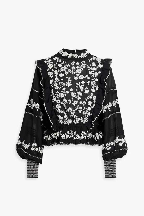 Farm Rio Ruffled Embroidered Cotton-voile Blouse