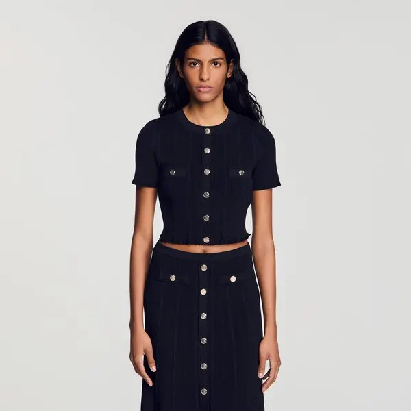 Sandro Cropped Pointelle Knit Cardigan