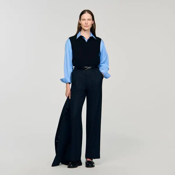 Sandro Rhinestone Striped Wide Leg Trousers