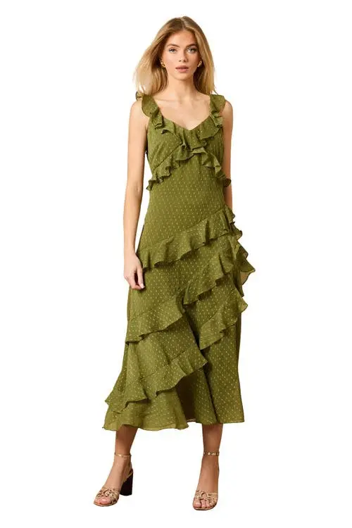 OASIS Dobby Ruffle V-neck Tiered Midi Dress - Khaki