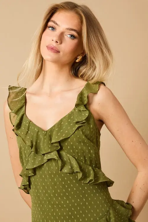 OASIS Dobby Ruffle V-neck Tiered Midi Dress - Khaki