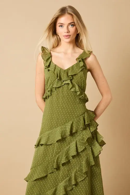OASIS Dobby Ruffle V-neck Tiered Midi Dress - Khaki