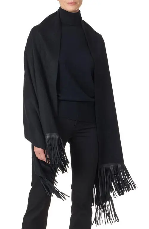 Sofia Cashmere Leather Fringe Cashmere Wrap - Black